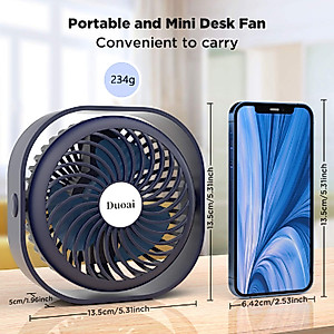 Mini USB Desk Fan Battery Operated, Duoai 2500mAh Desktop Rechargeable Small Quiet Personal Fans Portable with 360°Rotation 3 Speeds for Office Home Library Dorm Bedroom Car Outdoor Travel, Blue