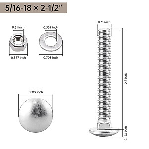 Glvaner (8 Sets) 5/16-18 x 2-1/2" Stainless Steel Carriage Bolts Screws Round Head Square Neck and Hex Nuts & Flat Washers 304 Stainless Steel 18-8 Full Thread Coverage