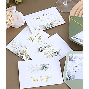 Winoo Design 100 PK Luxurious Gold Thank You Cards with Envelopes Bulk Sage Green - 5x3.5 Inches Wedding Thank You Notes Baby Shower Greenery Bridal Shower Small Business