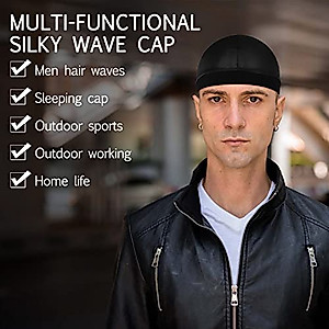 Sibba 3Pcs Elastic Band Silkly Wave Caps for Men Headwraps Wide Strap Silky Feeling Durag Caps Unisex Skull Caps Men's Skullies Beanies Soft Breathable Shower Cap Bath Accessories
