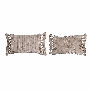 Creative Co-Op Woven Cotton Slub Lumbar Tufted Design and Tassels, Set of 2 Pillows, 24" L x 16" W x 0" H, Cream