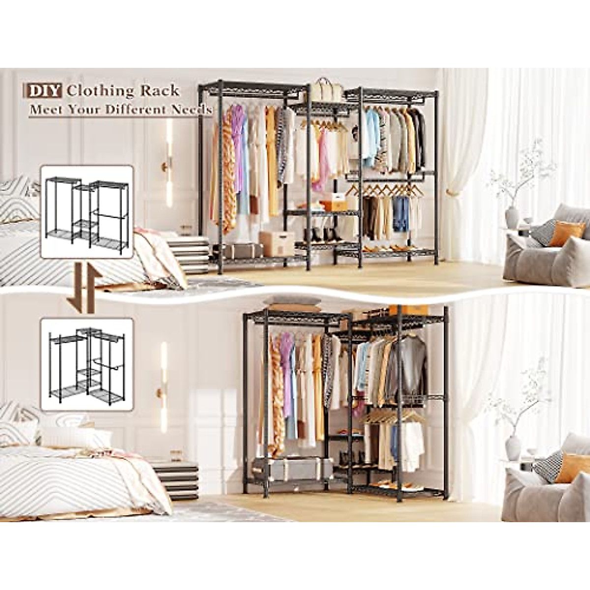 Raybee 77" H Clothes Rack Heavy Duty Clothing Racks for Hanging Clothes 720LBS Adjustable Clothing Rack Portable Closet Racks for Hanging Clothes Wire Garment Rack Black 13.9" D x 70.6" W x 77" H