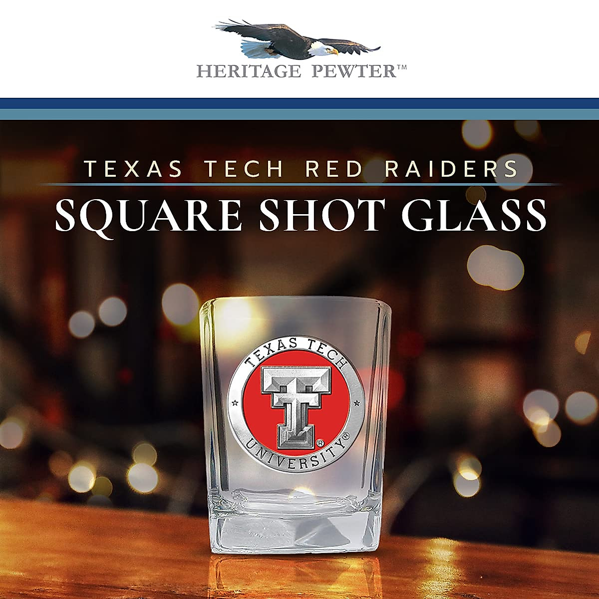Heritage Pewter Texas Tech Square Shot Glass | Hand-Sculpted 1.5 Ounce Shot Glass | Intricately Crafted Metal Pewter Alma Mater Inlay