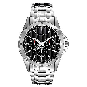 Bulova Men's Classic Dress 6-Hand Multi-Function Day/Date Quartz Watch, Black Patterned Dial, 43mm