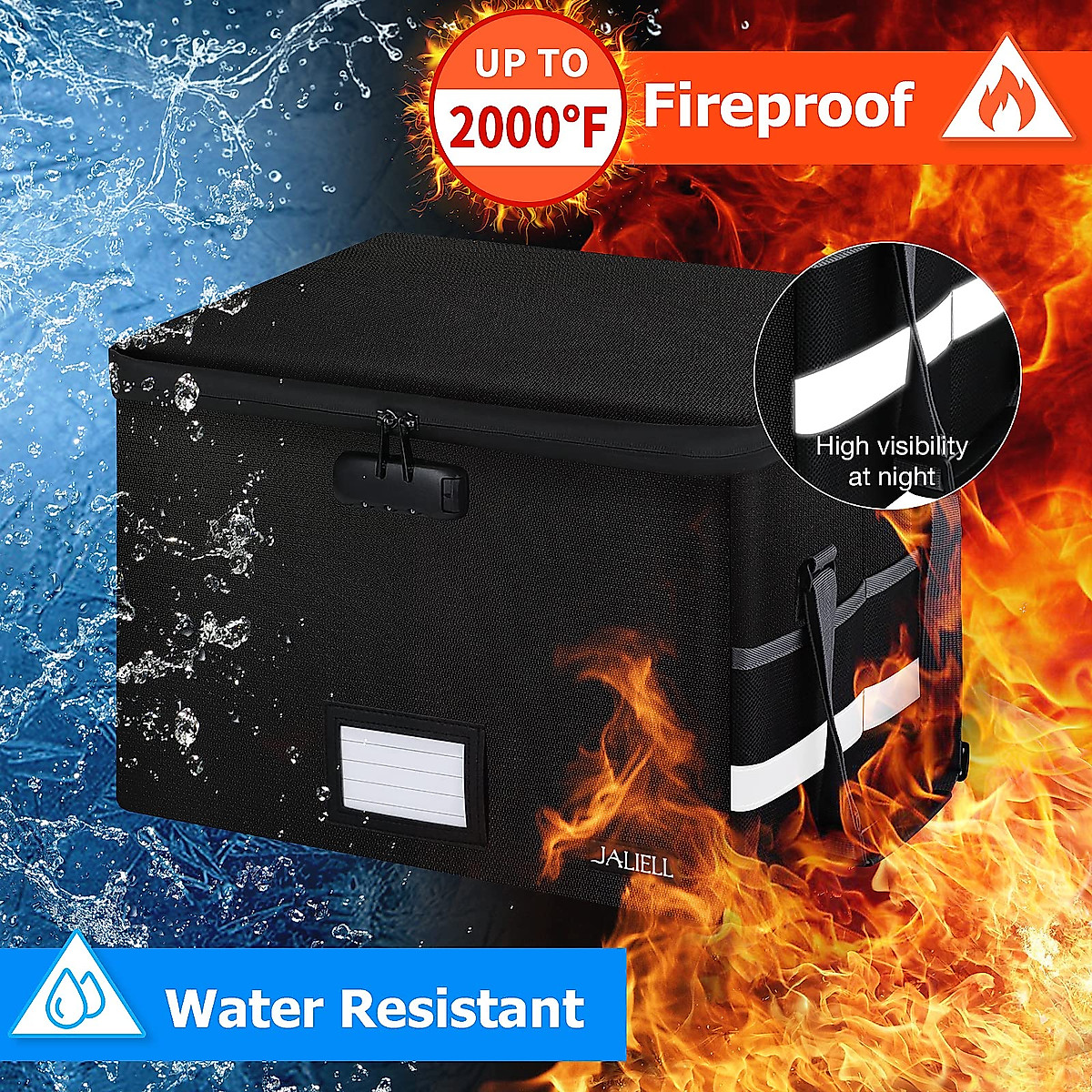 Upgraded File Box with Lock, Fireproof Document Box File Cabinet File Organizer Box with Water-Resistant Zipper & Adjustable Handle, Collapsible Filing Cabinet for Hanging Letter/Legal Folder (Black)