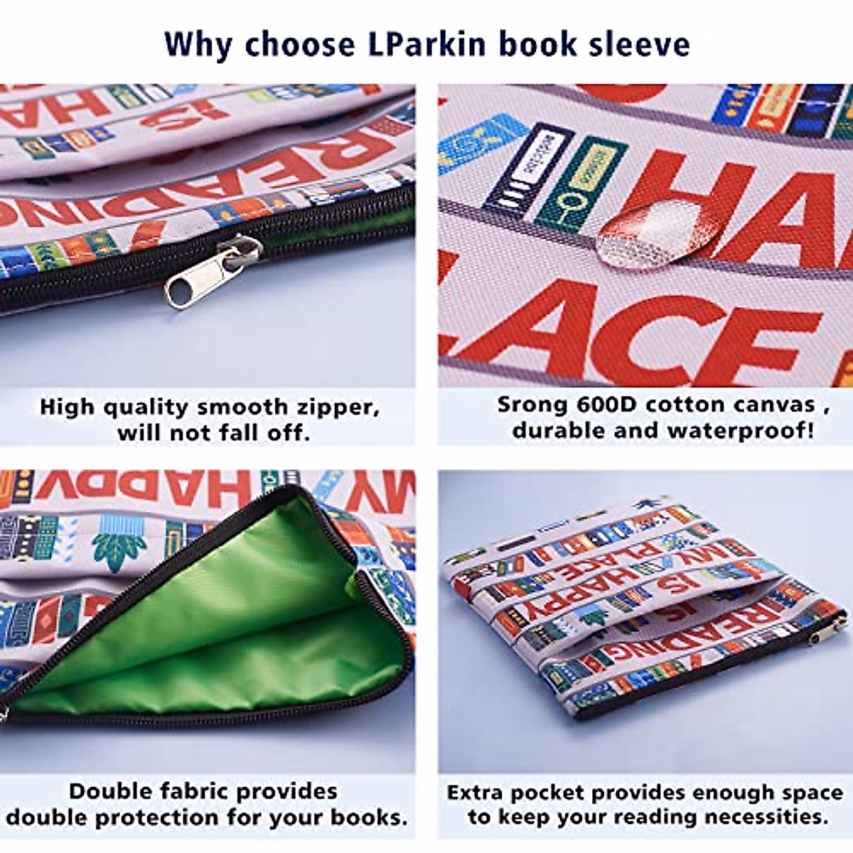 Reading is My Happy Place Book Sleeves Protector, Bookshelf Book Sleeve with Zipper, 11x8.5 Inch Washable Fabric Book Lovers