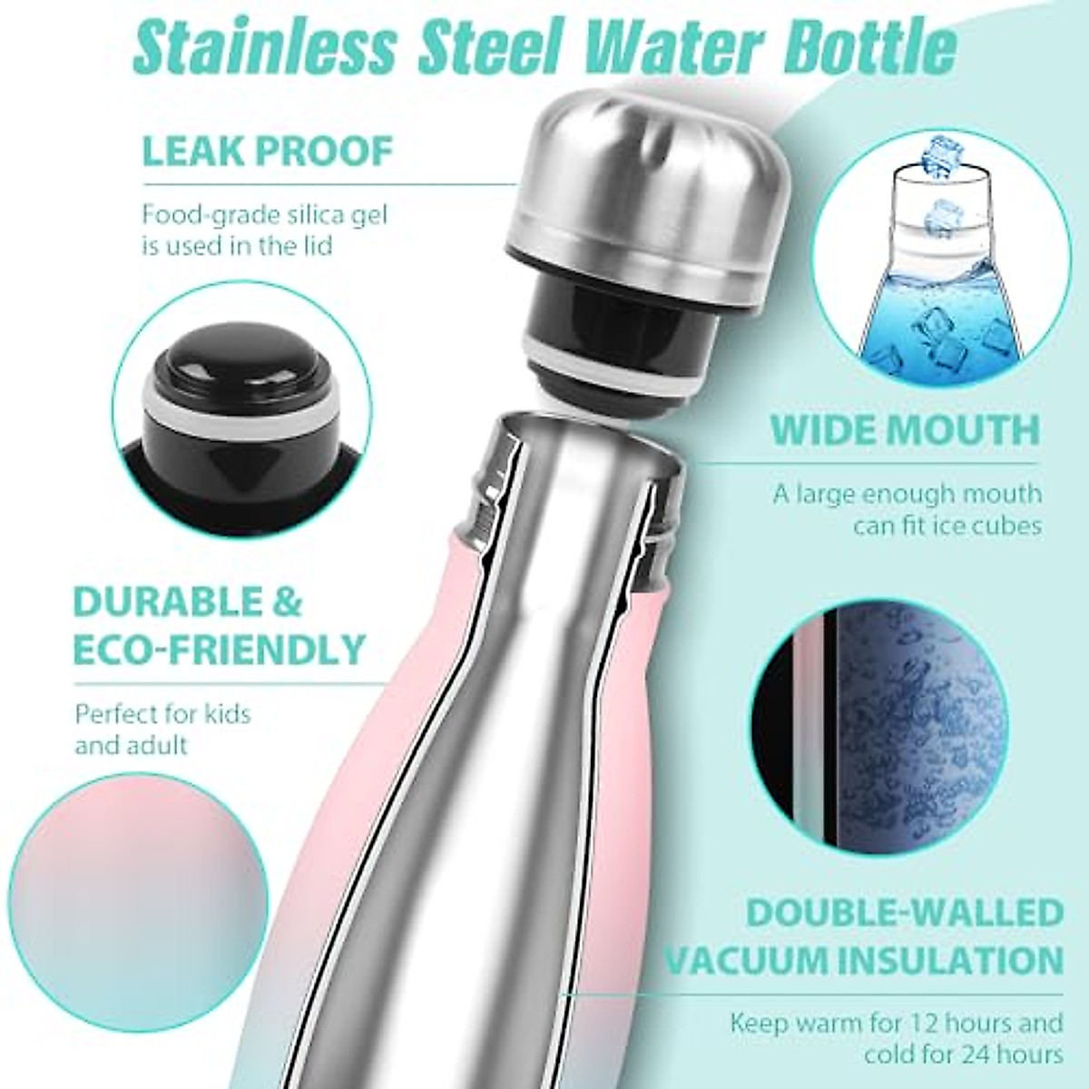 Sfee Insulated Water Bottle, 17oz Stainless Steel Water Bottles, Double Wall Vacuum Reusable Water Bottles Leak Proof BPA-FREE Sports Bottle Cup Keep Hot&Cold for Running Gym Cycling Kids(SPink)
