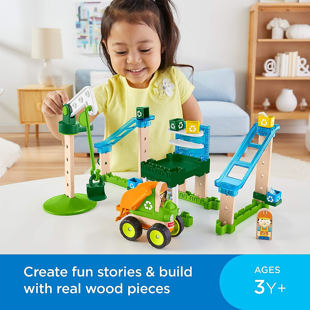 Fisher-Price Wooden Building Toy Wonder Makers Design System Lift & Sort Recycling Center, 35 Wood Piece Playset for Preschool Kids Ages 3+ Years