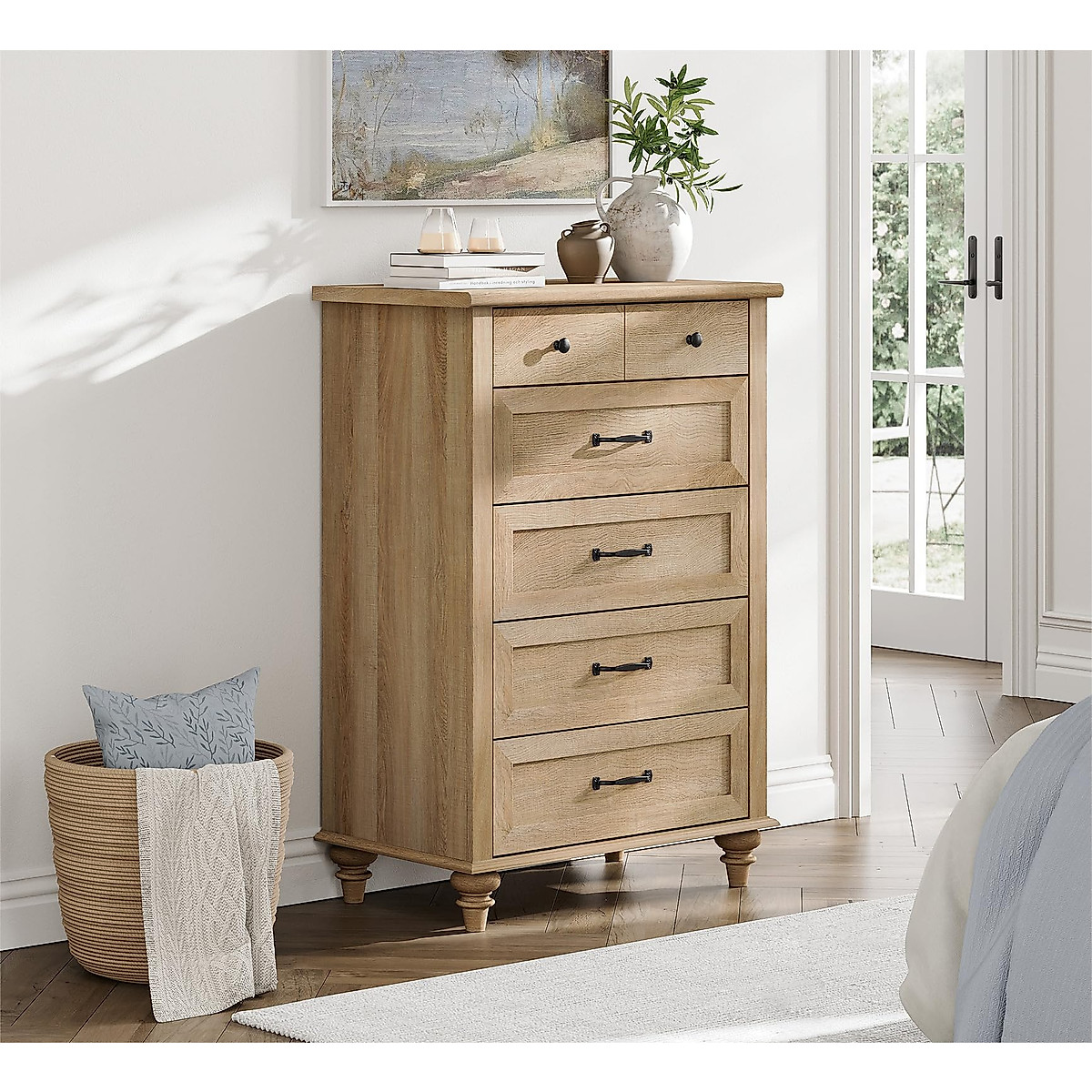 WAMPAT Small Dresser for Bedroom with 5 Drawers & Solid Wood Legs, Mid Century Modern Chest of Drawers Vertical Dresser Storage Organizer, Farmhouse Dresser for Kids Bedroom, Oak