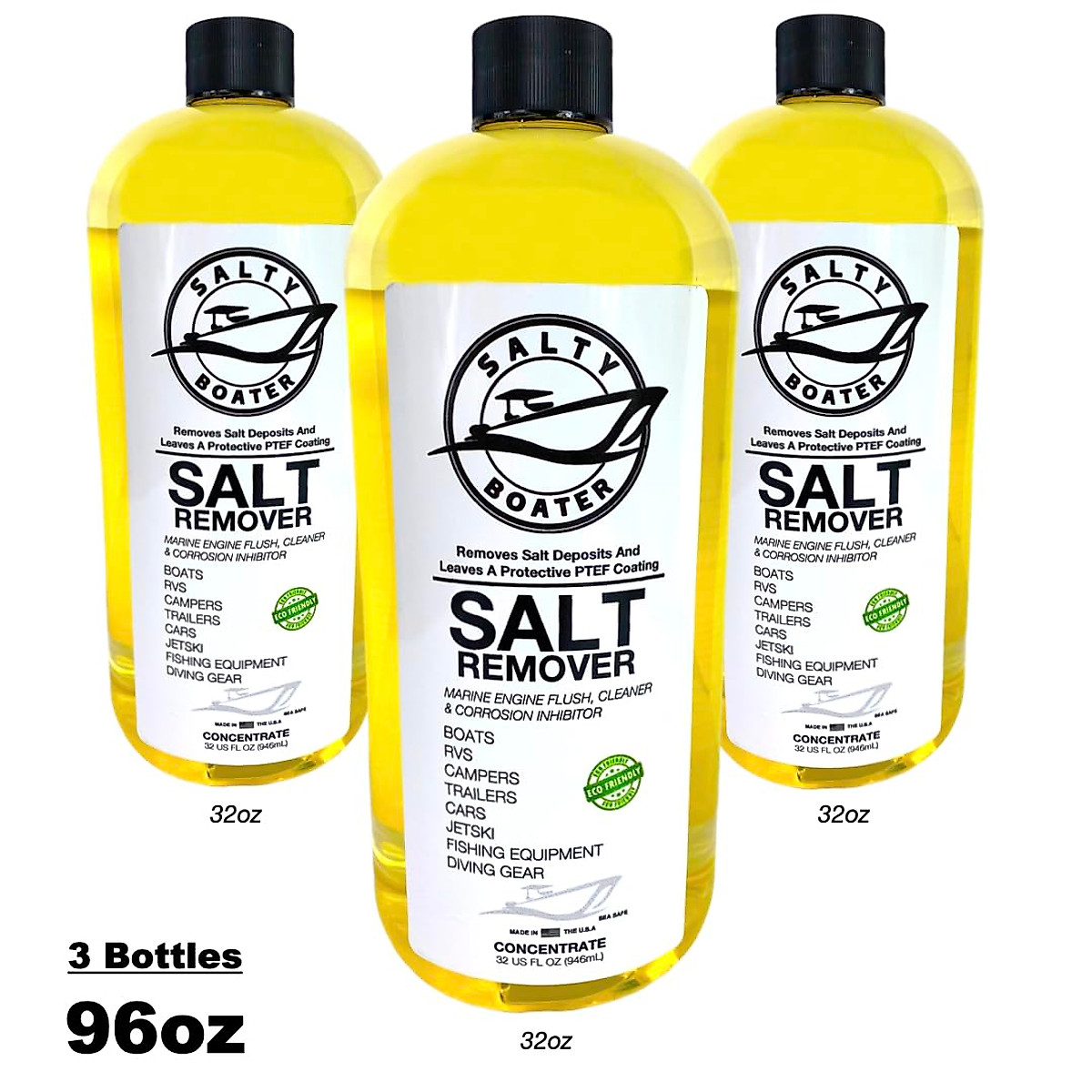 Salty Boater Salt Off Concentrate - 96 fluid ounces - Salt Remover For Boats &amp; Marine Engine Flush for Boats, Vehicles, Trailers - Winterize Cleaner &amp; Boat Wash - Wash Salt Away With or Without Cannon