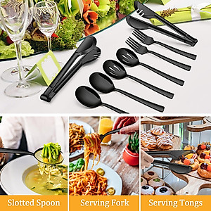 LIANYU Black Serving Utensils Set of 8, Stainless Steel Serving Spoons, Slotted Spoons, Serving Forks, Metal Tongs for Kitchen Buffet Party Banquet Entertaining, Mirror Finished, Dishwasher Safe