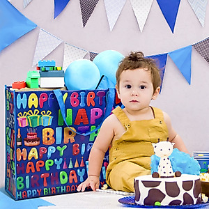 Kajaia Gift Bags, 4 Pcs Extra Large Birthday Party Favor Supplies, Non Woven Fabric, Reusable, Colorful Designs, 16 x 20 Inch, for Baby Shower, Kids, Events