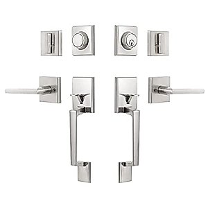 NeuType Front Door Handle Set Satin Nickel Double Door Handle Set with Dummy Heavy Duty Double Door Lock Set, with Single Cylinder Deadbolt and Lever Handle, Compatible with Right & Left Handed Doors