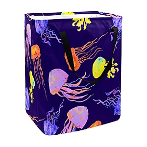 Colorful Jellyfish Sealife Print Collapsible Laundry Hamper, 60L Waterproof Laundry Baskets Washing Bin Clothes Toys Storage for Dorm Bathroom Bedroom