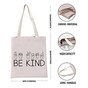 G2TUP ASL American Sign Language Gift ASL Be Kind Sign Reusable Canvas Tote Bag ASL Teacher Thank You Gift Shopping Handbag (ASL Be Kind Handbag)
