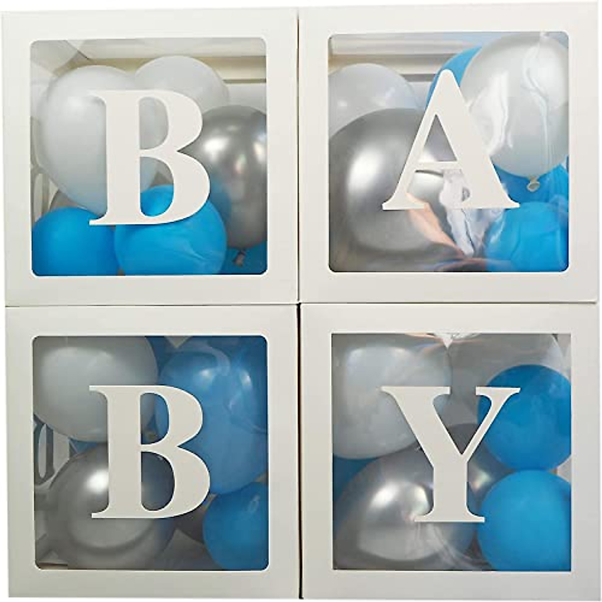 ToBsoft 4pcs Baby Shower Boxes with 52 Letters (2 Set A-Z ) Letters and 32 Balloons White Clear Balloon Box Blocks for Baby Shower and Birthday Party, Blue