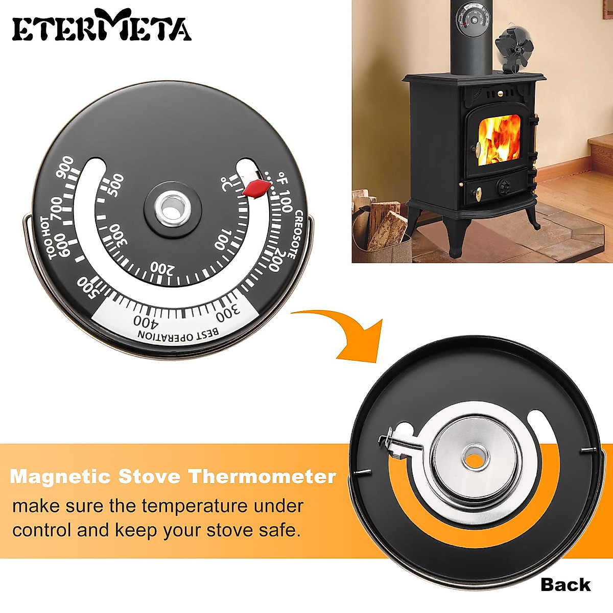 ETERMETA Wood Stove Fan 5 Blades Heat Powered Fireplace Fan Heat Activated Fan with Thermometer for Wood Log, Warm/Heated Air Eco Stove Fan, Black