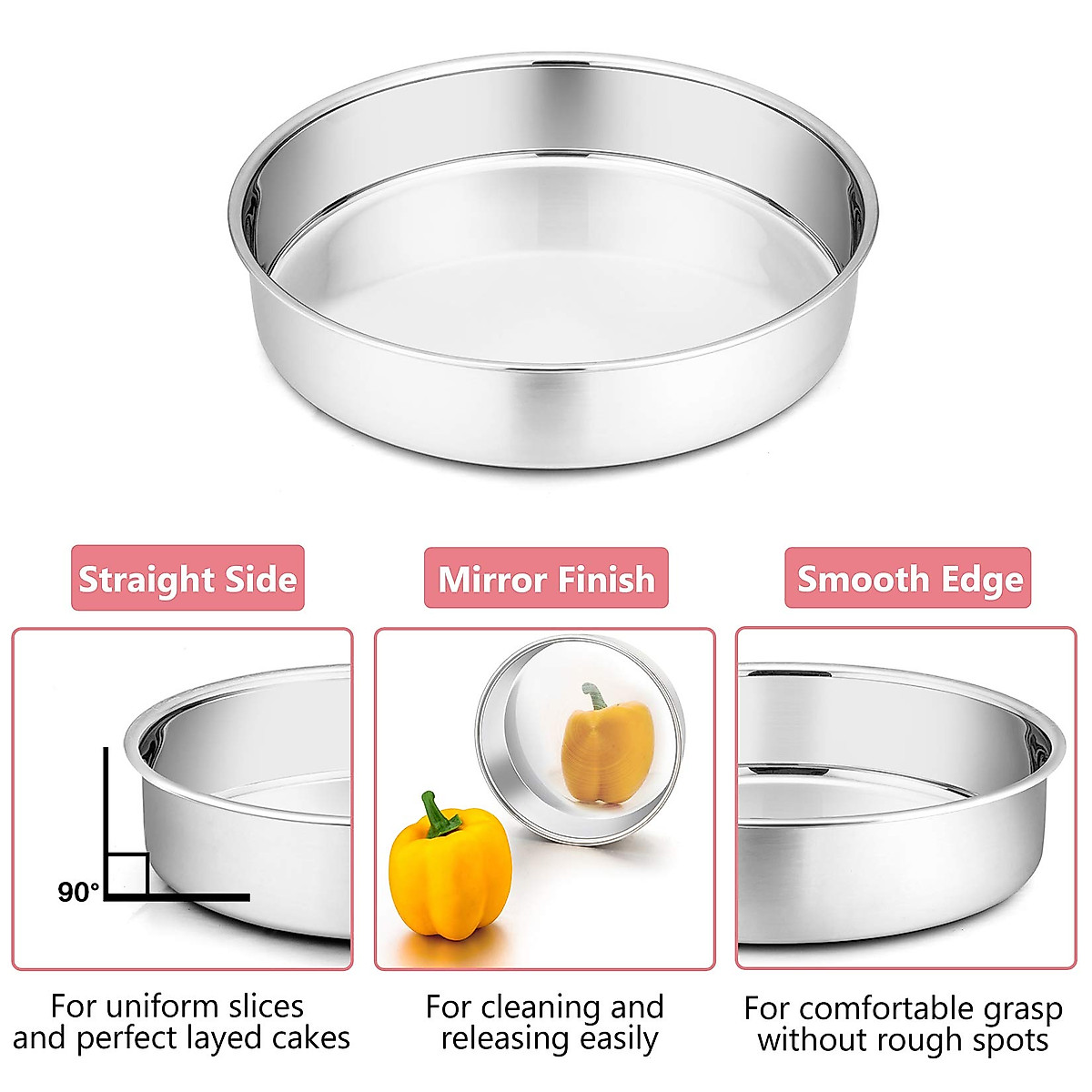 P&P CHEF Cake Pan Set (4” & 6” & 8”), Round Baking Layer Cake Pans, Stainless Steel Leakproof Bakeware Cake Tin for Birthday Weeding Tier Cake, Heavy Duty & Non Toxic, Mirror Finish & Dishwasher Safe