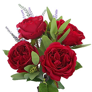 Final Sale-Extra-Realistic & Large Artificial Silk Garden Rose Flowers | Faux Peony Stems | Set of 4 | Red