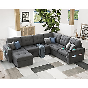 PaPaJet Sleeper Sofa Bed, 110 Inch Oversized Sofa with 2 USB Charging Ports & Cup Holders, U Shaped Pull Out Couch with Storage Chaise & 3 Seater- Dark Grey