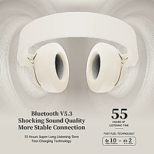 FINGERTIME Bluetooth Headphones Over-Ear, 60H Playtime and with Low Latency Wireless Headphones with Microphone, HiFi Stereo Foldable Lightweight Headset, Deep Bass for Home Office (Beige)