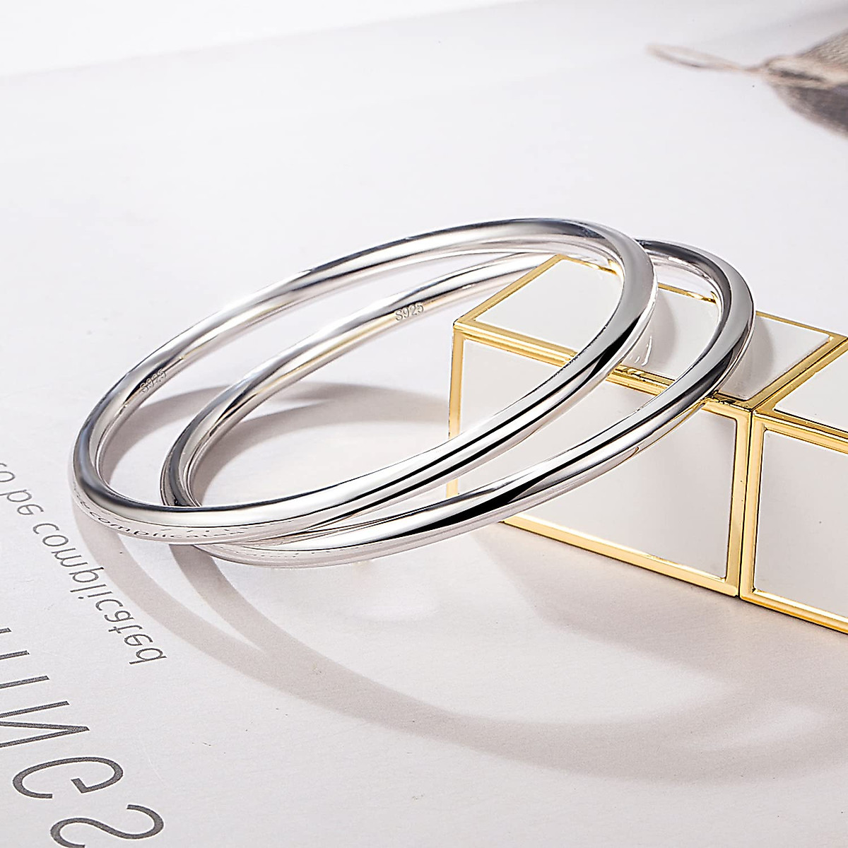 H&Beautimer Solid 925 Sterling Silver Italian Handmade Minimalist 4MM Bracelet for Women's Charm Jewelry 60-65MM Bangle 1/2/3 Set Birthday Gift (2set, 68MM)