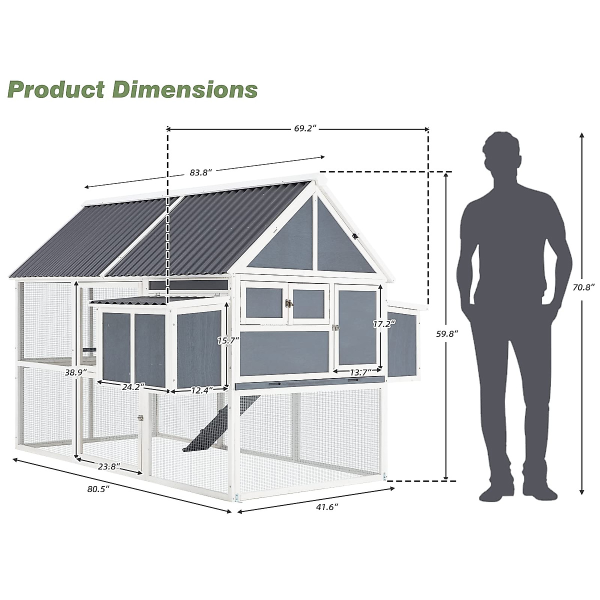 AECOJOY 84” Large Chicken Coop, Outdoor Wooden Hen House Poultry Cage for 8-10 Chickens Walk in Chicken House with Run