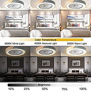 BESKETIE 20" Wood Ceiling Fan with Lights, Modern Enclosed Low Profile Ceiling Fan Light with Remote Control, Dimmable 3 Color 6 Wind Speed Indoor LED Fan Lamp for Bedroom, Living Room, Kitchen - Grey