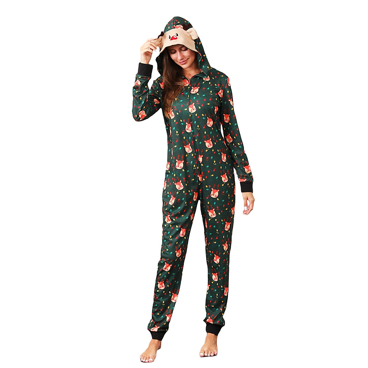 Nokpsedcb Family Christmas Pajamas Couples Kids Matching Lounge Sets Long Sleeve Hooded Deer Print Zipper Jumpsuit Sleepwear(Dad,L,A-Reindeer)