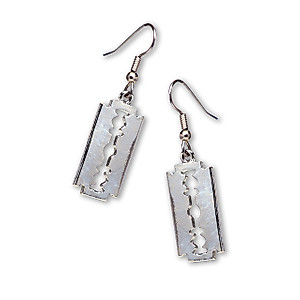 Gothic Razor Blade Dangle Earrings Polished Silver Finish Pewter