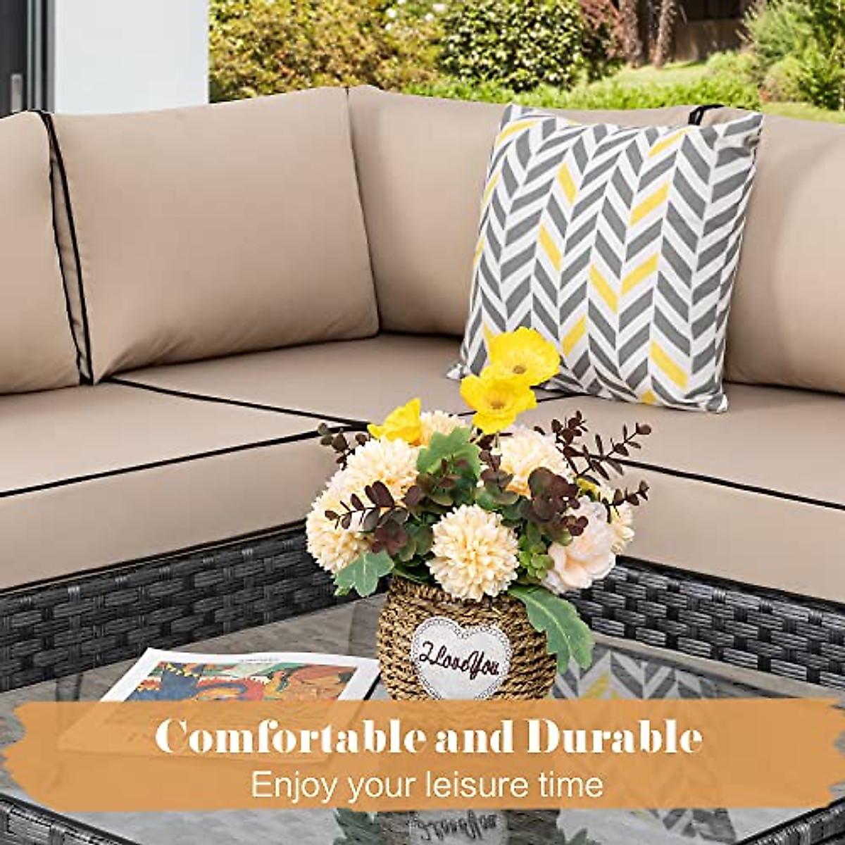 JAMFLY 5 Pieces Patio Furniture Sets, Wicker Outdoor Sectional Furniture with Glass Table and Cushions, Rattan Patio Conversation Sets for Garden, Poolside, Backyard(Khaki)