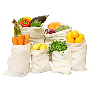 Reusable Produce Bags Washable, Muslin Bags with Drawstrings Set of 6, Veggie Bags, 100% Organic Cotton, Foldable Vegetable Shopping Bags, Muslin Bread Bags, Reusable Bulk Bags for Grains(2L, 2M, 2S)