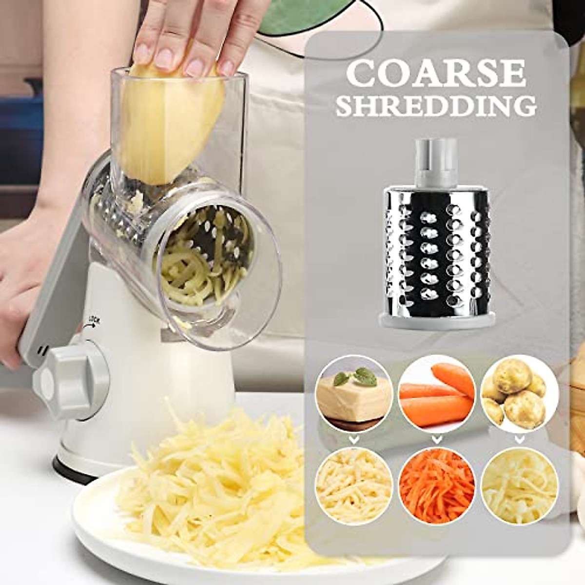 Ancevsk Rotary Cheese Grater Shredder with Strong Suction Base, Kitchen Speed Hand Crank Vegetable Slicer, Potato Hash Brown Shredder Nut Grinder with 3 Replaceable Stainless Steel Drum Blades (White)