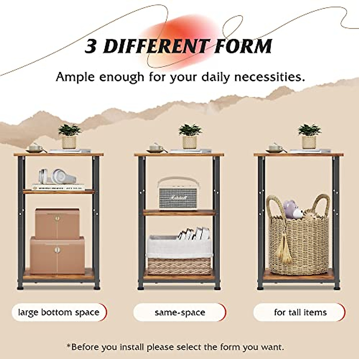 WLIVE Side Table, Small End Table, Adjustable 3-Tier Bedside Table with Sturdy Metal Frame, Tall Nightstand for Bedroom, Living Room, Sofa Table for Small Space (Rustic Brown, 1 Pack)