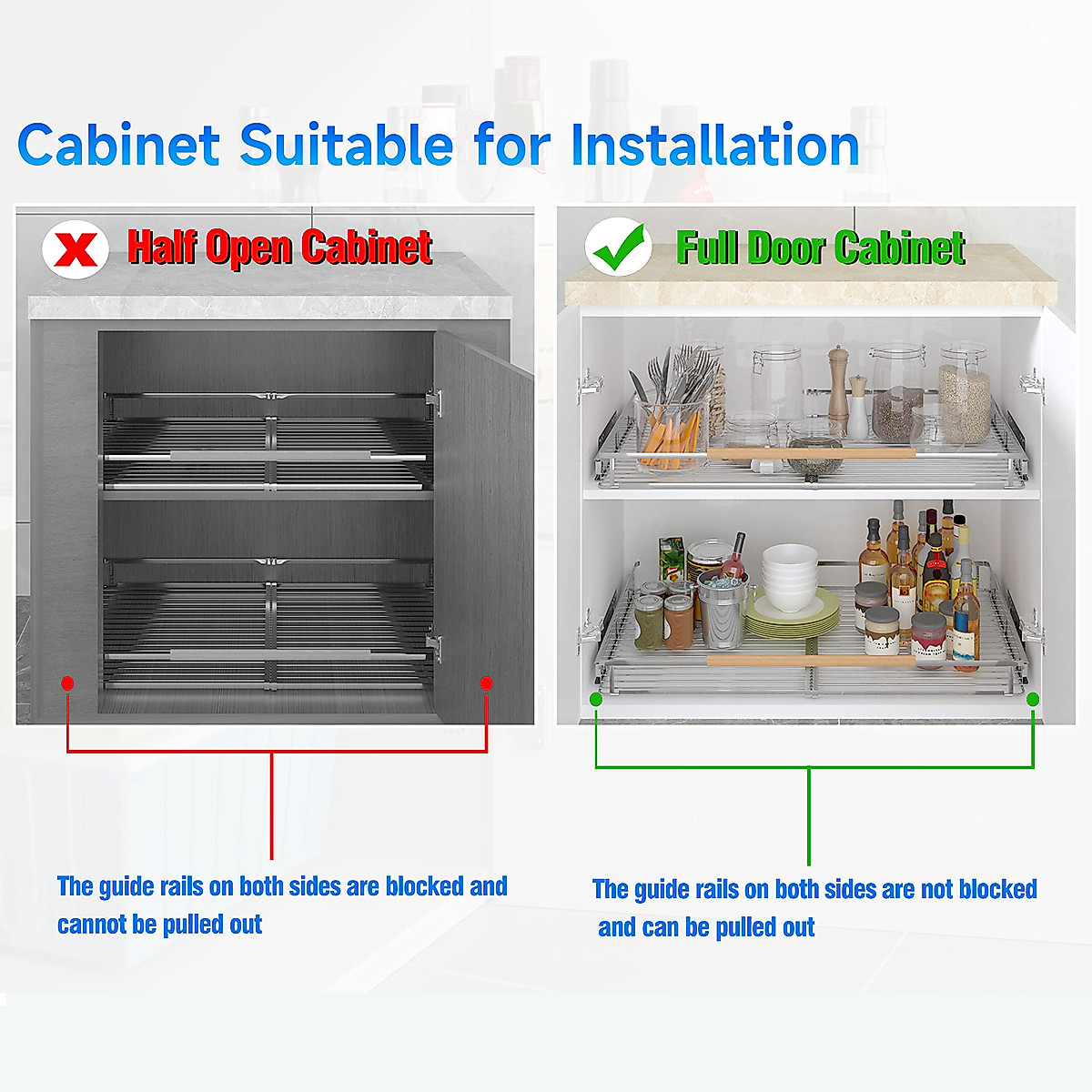 2Pack Expandable Pull Out Cabinet Organizer, 23~39.8"W x 22.5"D Heavy Duty Slide Out Shelves Adjustable Height Cabinet Pull Out Shelves,Expandable Width Spice Rack Organizer for Kitchen Cabinet