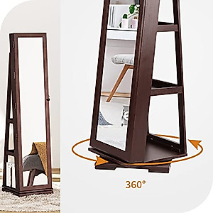 YITAHOME Jewelry Cabinet Standing Jewelry Armoire with Full Length Mirror 360°Swivel Lockable Jewelry Organizer Jewelry Armoire with Bag Storage Shelves, Walnut