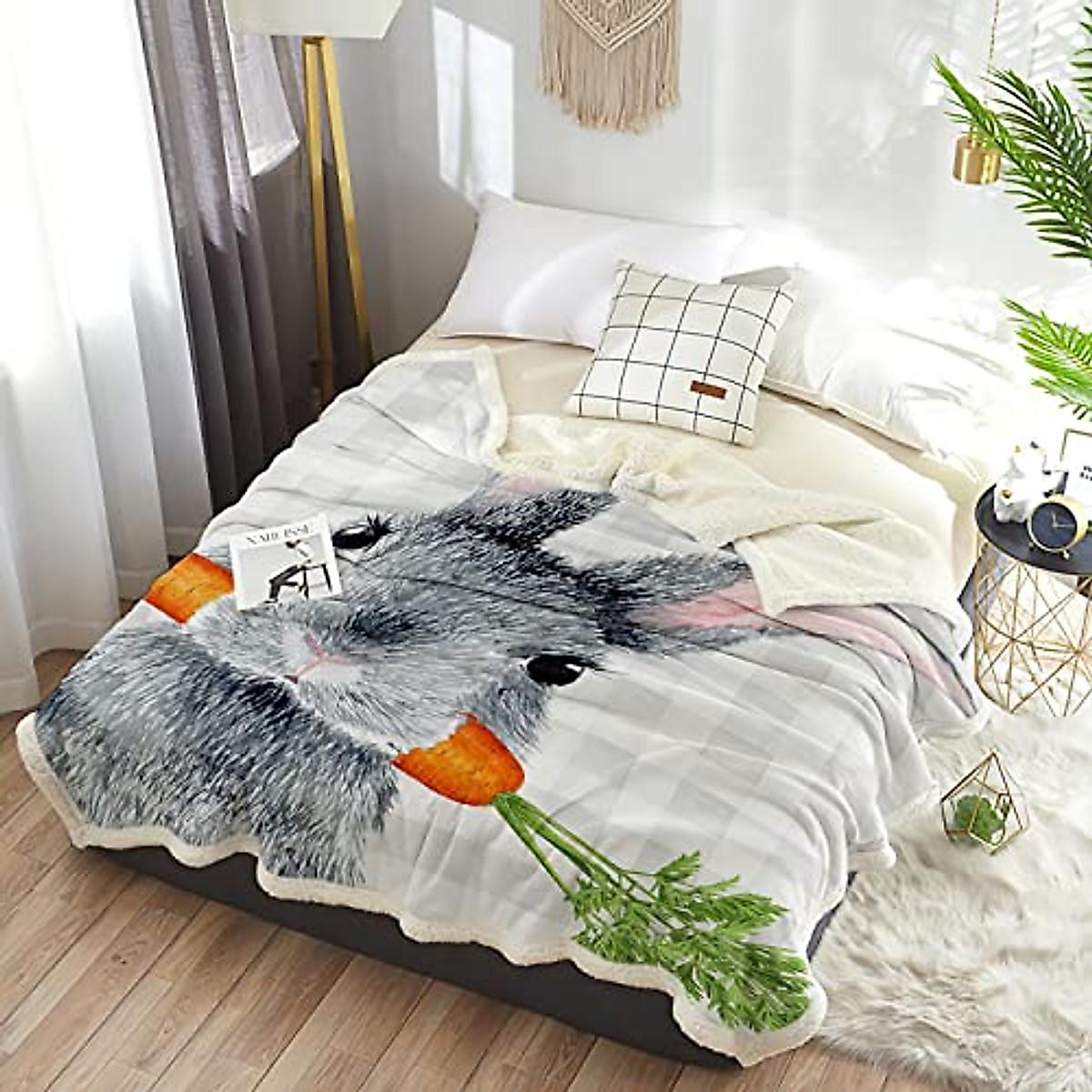 Sherpa Blankets Fleece Throw Blanket Reversible Soft Cozy Bed Blankets Easter Watercolor Bunny with Carrot,Flannel Sofa Throws,Grey and White Buffalo Plaid Fuzzy Warm Blankets for Couch,50x80in