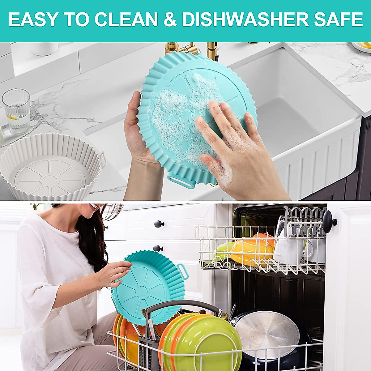 Air Fryer Silicone Liners, Reusable Silicone Air Fryer Liners, 7.5 Inch Silicone Inserts for 3QT-5QT Air-Fryer, Silicone Pot Basket Air Fryer Oven Accessories, 2-Pack (Gray+Pink)