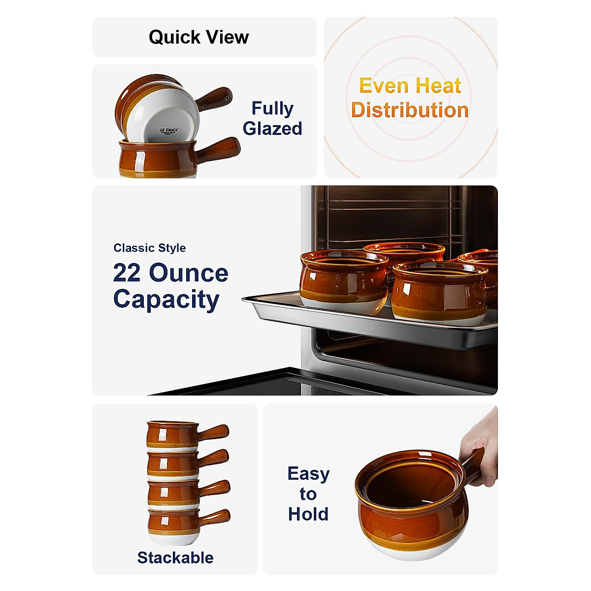 LE TAUCI French Onion Soup Bowls, 22 Ounces Ceramic Soup Bowls with Handles for Soup, Cereal, Chilli, Beef Stew, Soup Crocks Oven Safe and Stackable, Set of 4