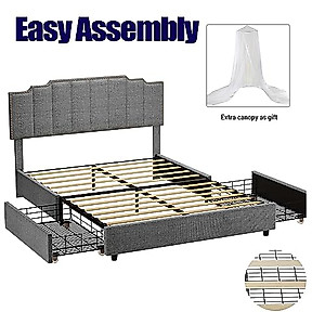 Queen Size Linen Upholstered Platform Bed Frame with 2 Big Drawers, Modern Rivets Design Platform Bed with Stitched Padded Headboard & Wood Slats Support for Bedroom, No Box Spring Needed (Grey)