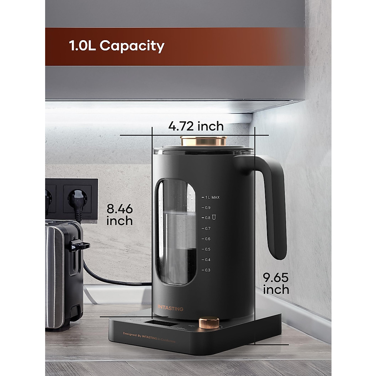 Electric Tea Kettle, INTASTING Glass Electric Kettle with tea Infuser and Precise knob temperature control, 1200W Fast Heating, BPA-Free, Easy to Clean, for Tea and coffee, Dark Grey