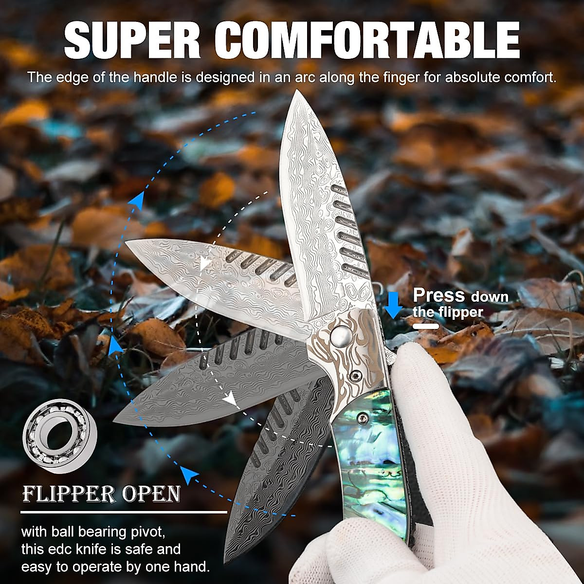 Cottonbell Damascus Pocket Knife for Men Women, Unique Abalone Seashells Handle Folding Knives,EDC Knife Survival Knife with Safety Liner Lock