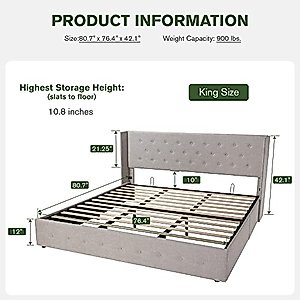 IMUsee King Size Platform Bed Frame with Lifting Storage, Button Tufted Headboard with Wingback, Underneath Storage Space, Fabric Upholstered, No Box Spring Needed, Light Beige