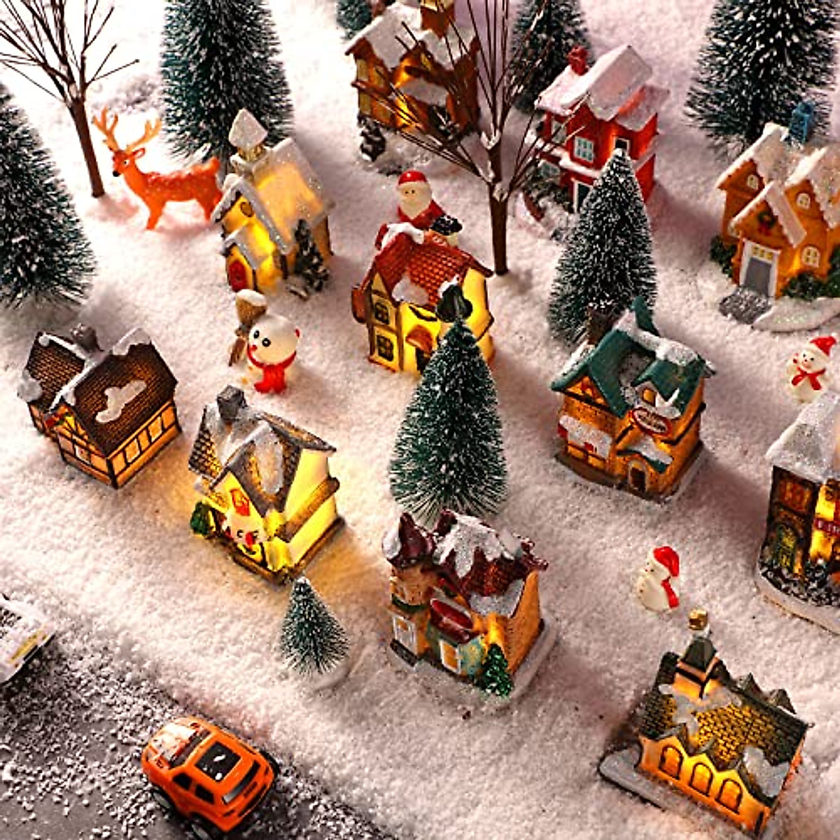 Kajaia 12 Pieces Christmas Winter Houses Village with 12 Pieces Trees Lamp LED Lights Christmas Winter Village Town Buildings Accessories for Thanksgiving Halloween Village Figurine Desktop Decor