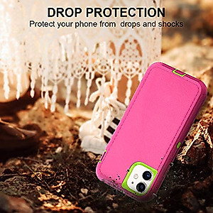 CAFEWICH iPhone 11 Case, Heavy Duty Shockproof 3-Layer Full Body Protective High Impact Tough Hybrid Rubber Rugged Durable Phone Cover for iPhone 11 6.1'' - Hot Pink Green