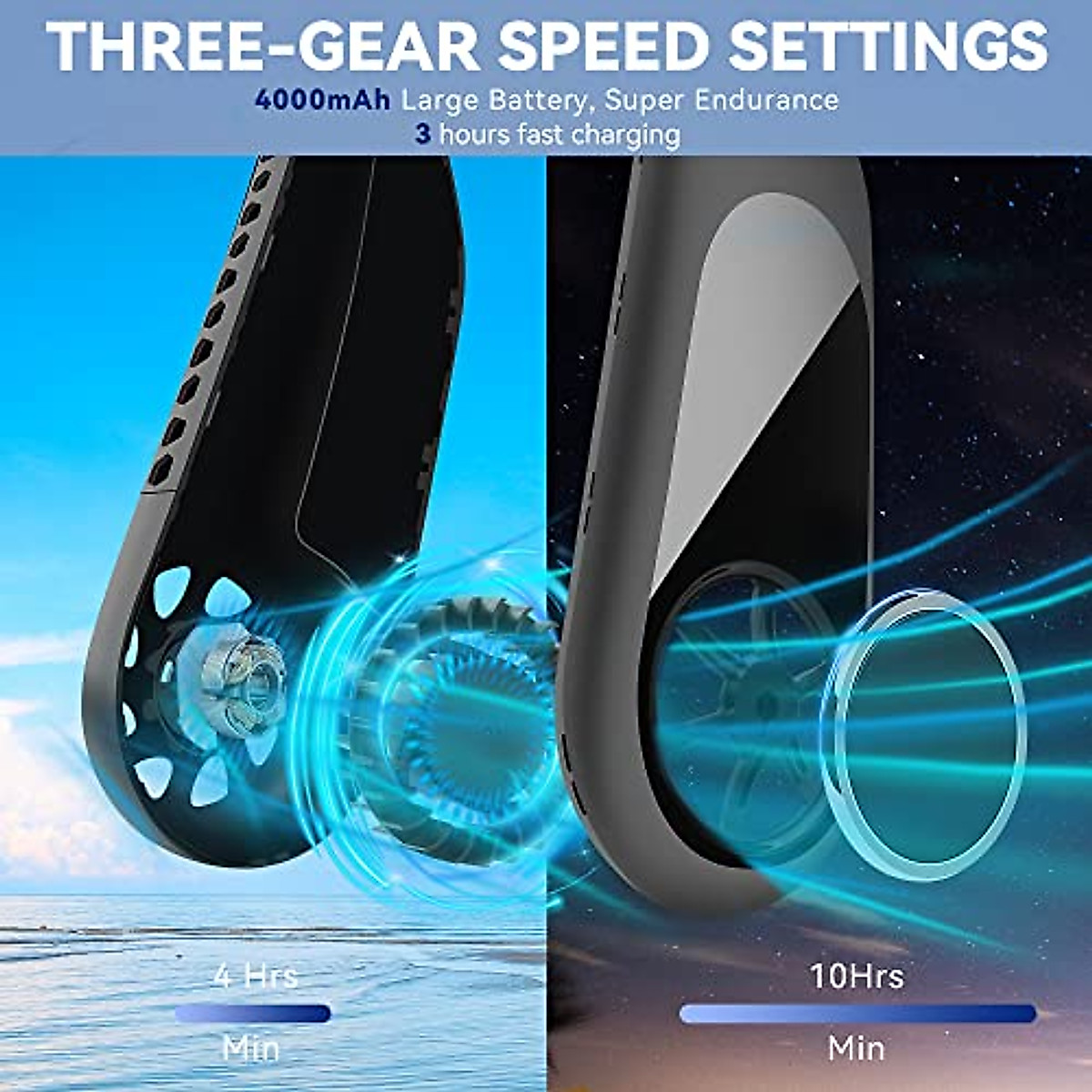 LYSHION Portable Neck Fan, Hands Free Bladeless Fan, 3 Speed Adjustment 360° Cooling Personal Fan, USB Wearable Fan（black）