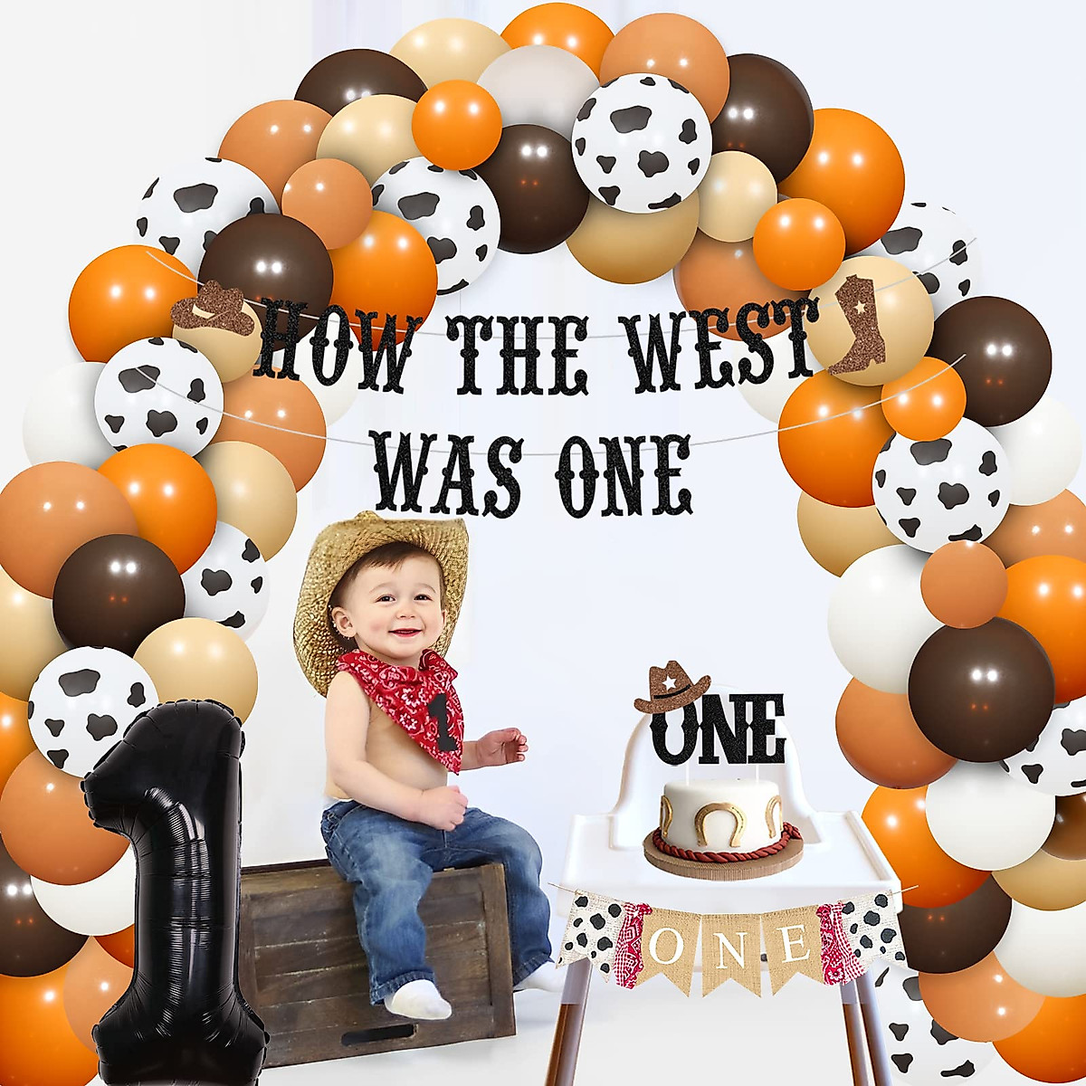 How The West Was One Birthday Decorations, Cowboy First Birthday Decorations, Balloon Arch, Black Number 1 Balloon, How The West Was One Birthday Banner, One High Chair Banner, Cake Topper