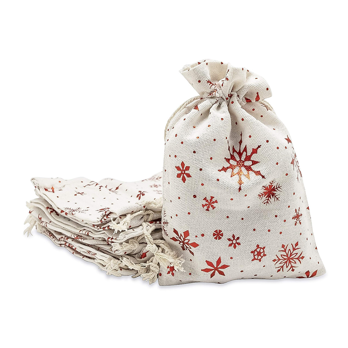 12-Pack 8x10 Reusable Cotton Canvas Muslin Gift Bags w. Drawstrings (Red Snowflakes, Large) - for Presents, Party Favors, Retail, Samples by TheDisplayGuys