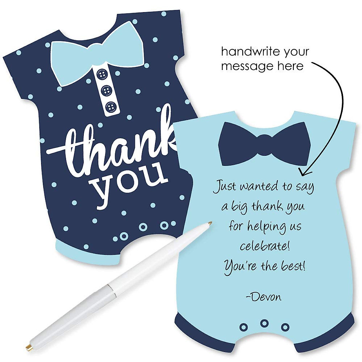 Big Dot of Happiness Hello Little One - Blue and Navy - Shaped Boy Baby Shower Thank You Note Cards with Envelopes - Set of 12