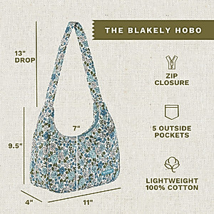 Bella Taylor Blakely Hobo Shoulder Bag for Women | Lightweight Multi Compartment Purse with Pockets | Quilted Cotton Delicate Floral Blue